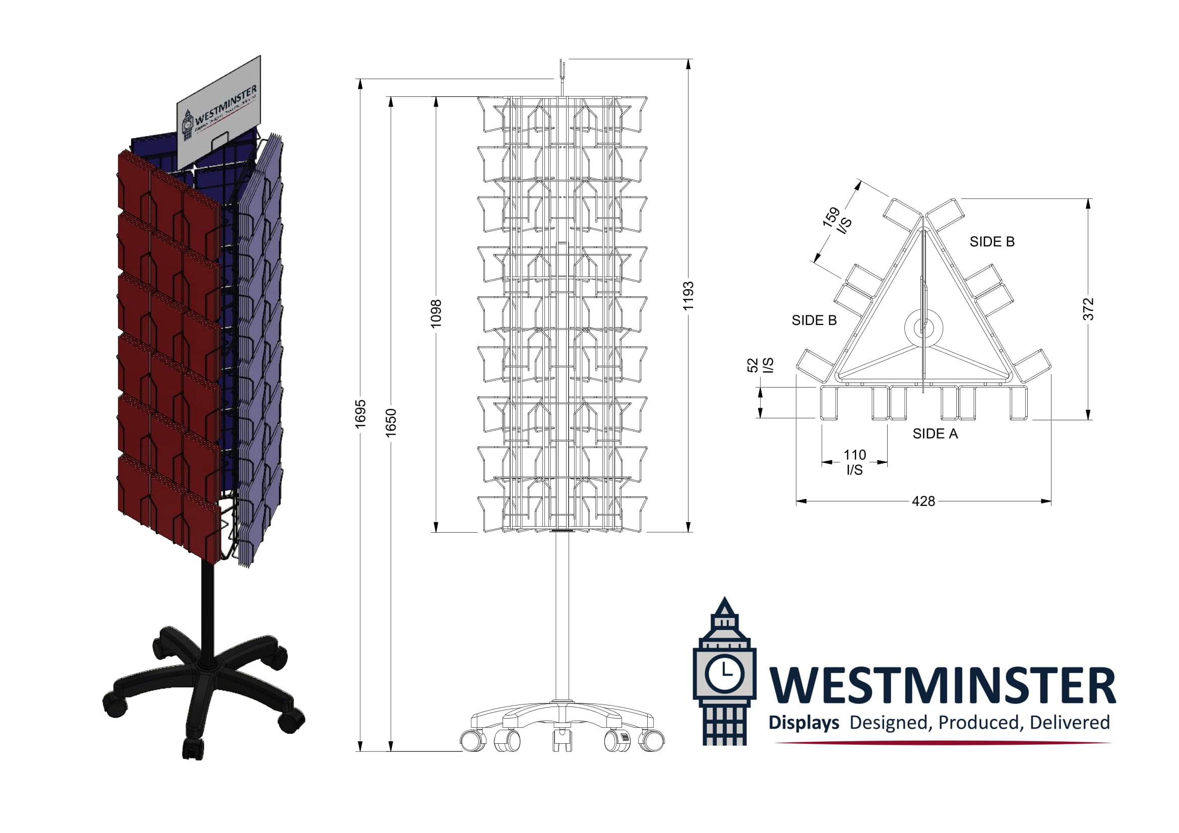 Post Card Display Stand, Floor Spinner (4"x6" - 54 Pockets 18V+36H ...